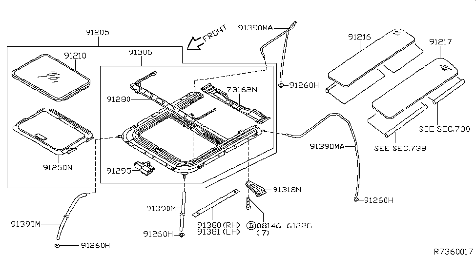 91306-5Z010 Genuine Nissan #913065Z010 Rail Complete-SUNROOF