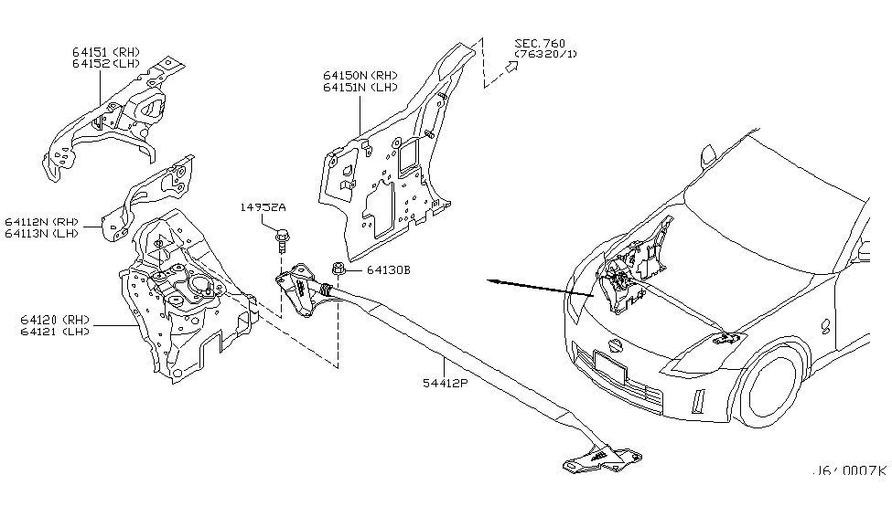 64150-CD000 Genuine Nissan #64150CD000 Hoodledge-Upper,Rear RH